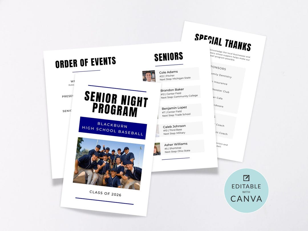 Baseball Senior Night Program Template, Canva Editable Sports Program ...
