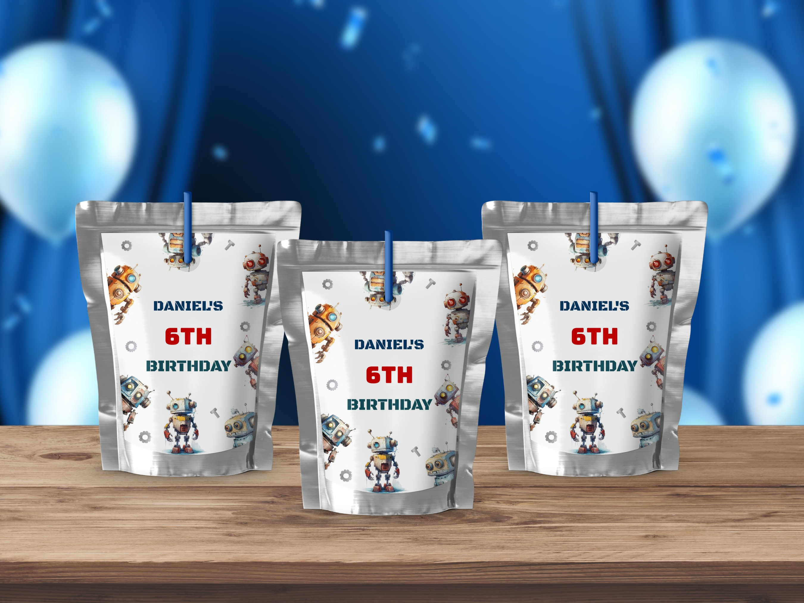 Robot Party Favors, Juice Pouch Label Template, INSTANT DOWNLOAD ...
