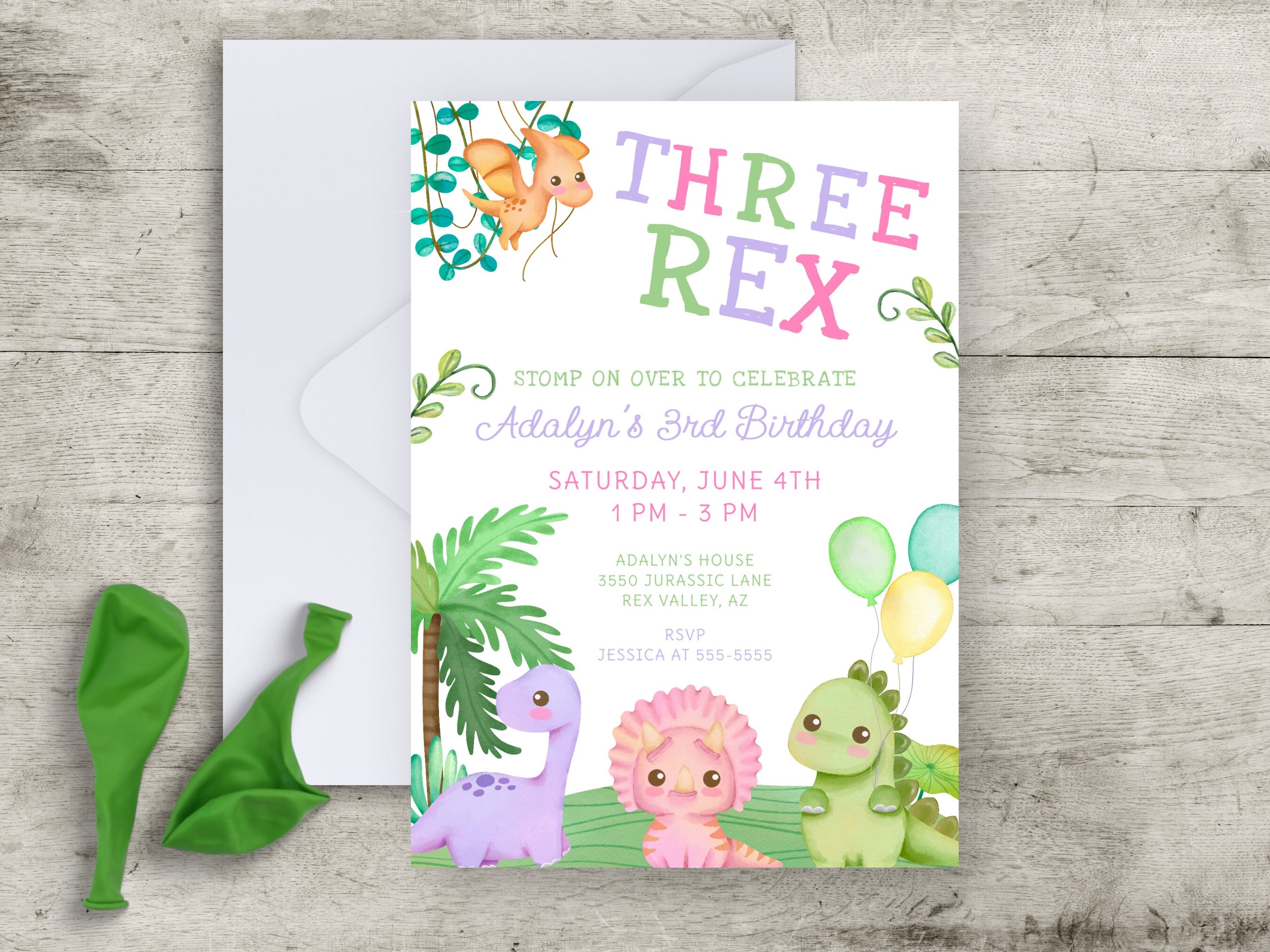 Pastel Three Rex Party Invitation Template, Girl Dinosaur Invite ...