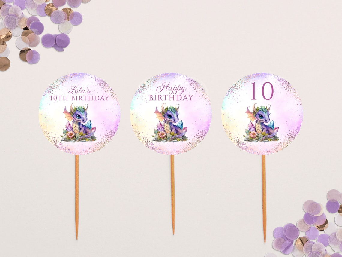 Girl Dragon Cupcake Toppers, Dragon Birthday Party Decor, Editable ...