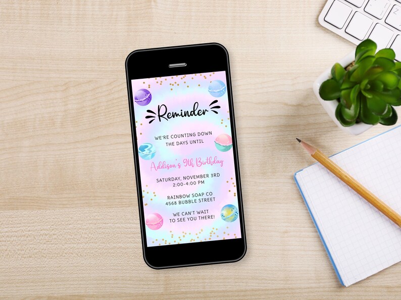 Party Reminder Template, Editable Bath Bomb Birthday Courtesy Text for ...