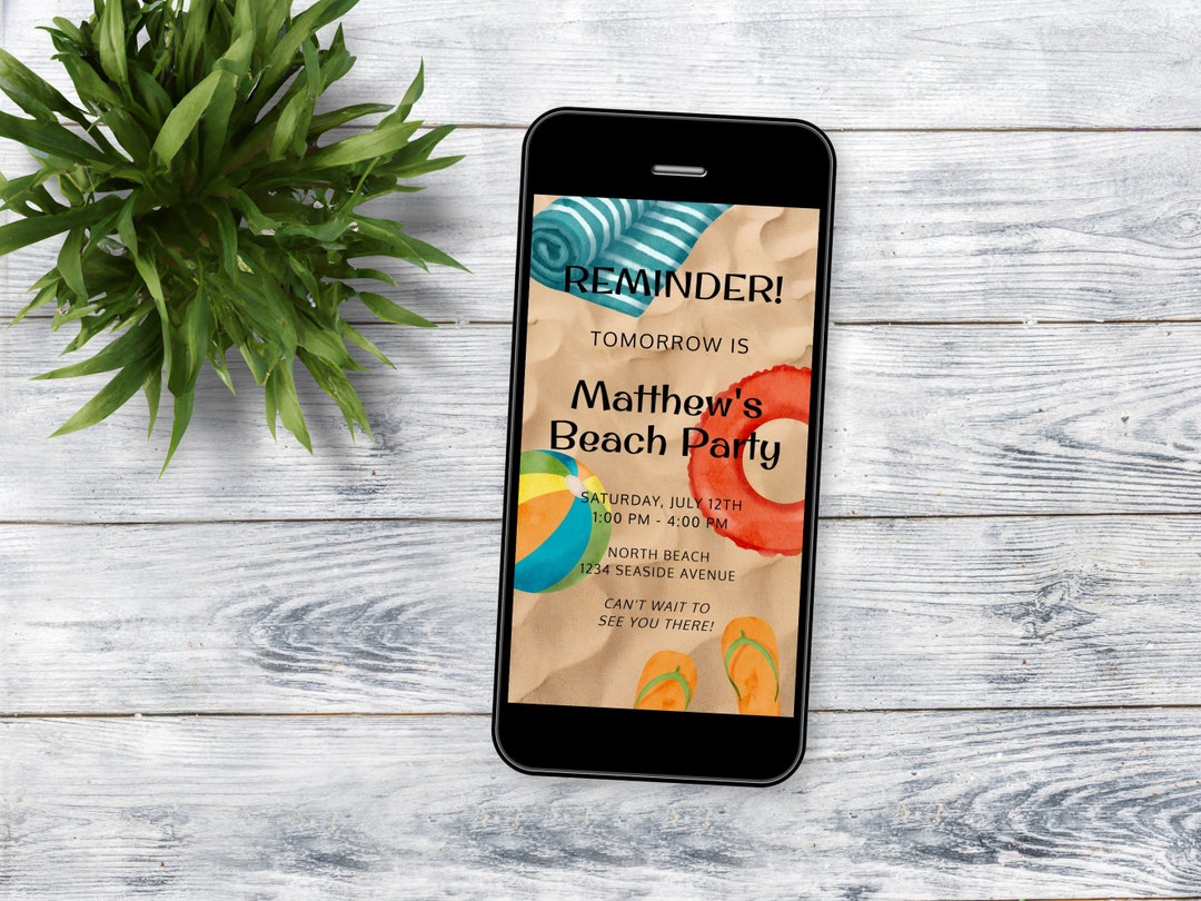 Sandy Beach Party Reminder Template, Editable Birthday Courtesy Text ...