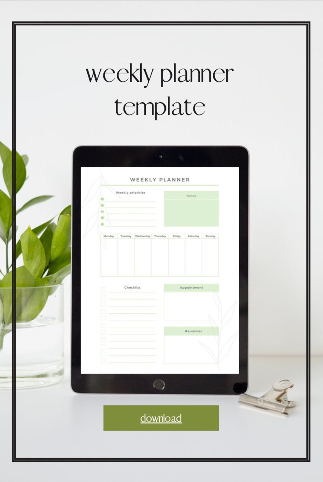 Green Leafy Weekly Planner Template With Priorities, Weekdays, Notes ...