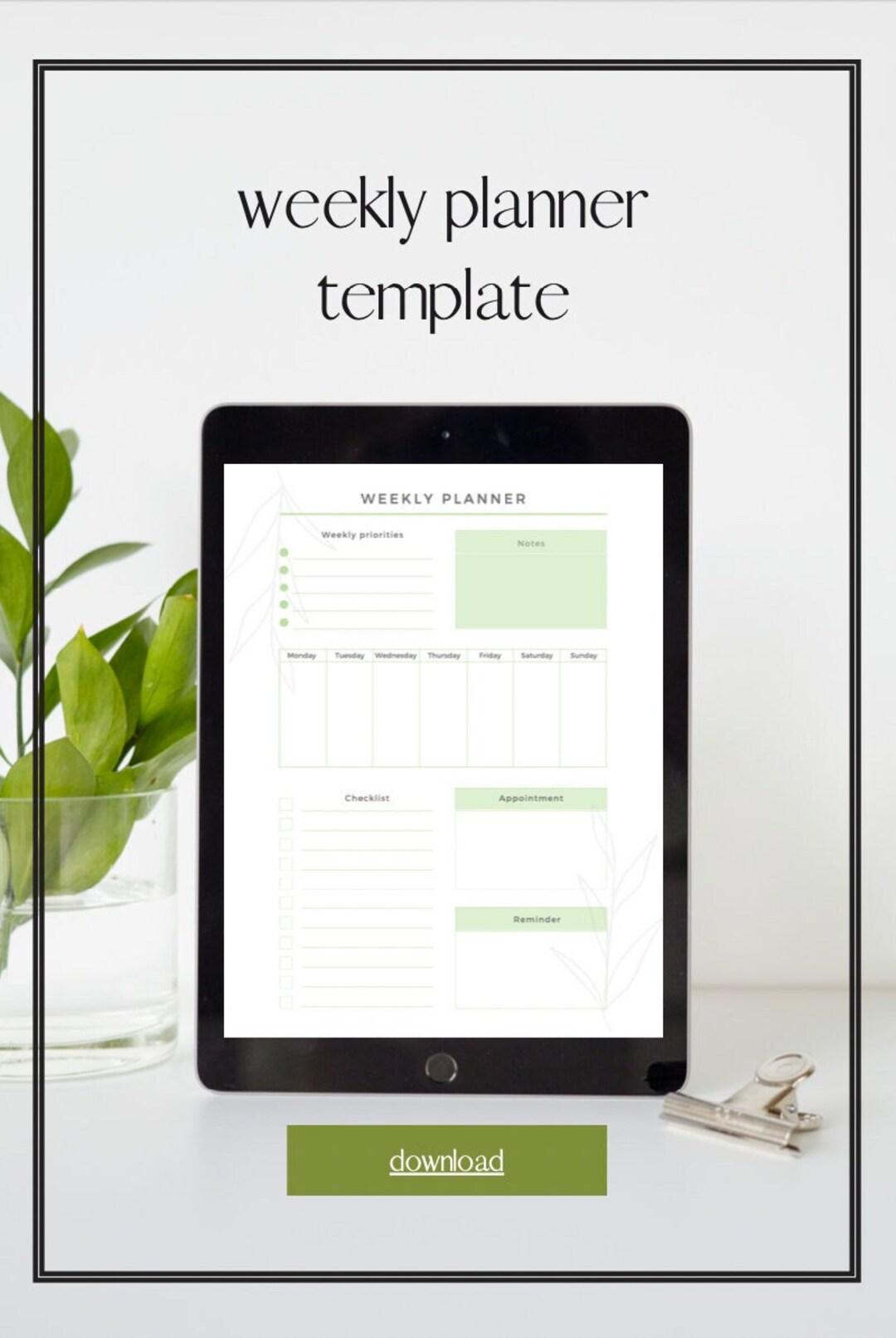 Green Leafy Weekly Planner Template With Priorities, Weekdays, Notes ...