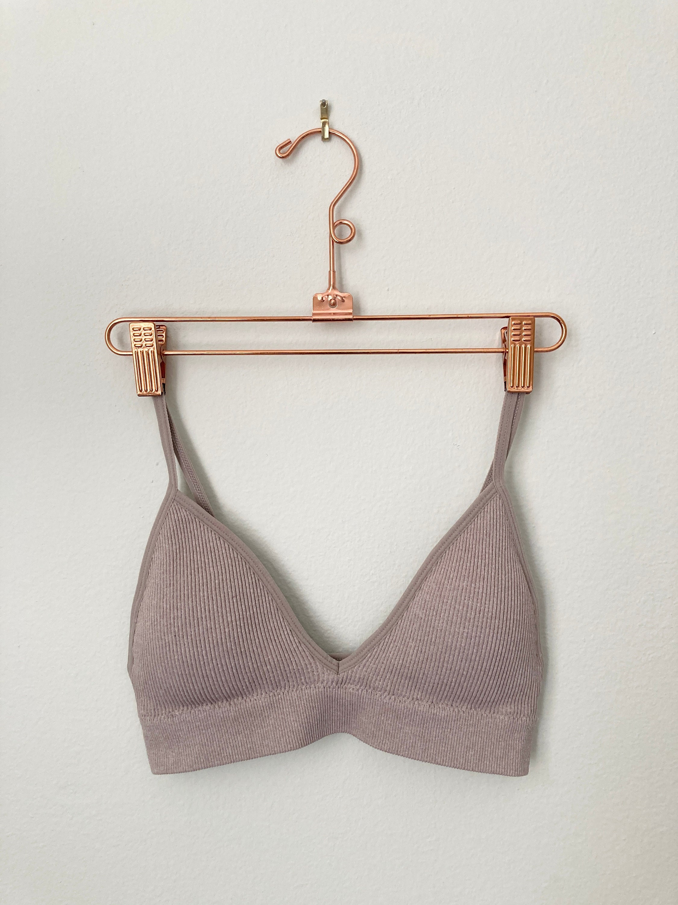 Removable Padded Seamless Ribbed Deep V Triangle Bralette With ...