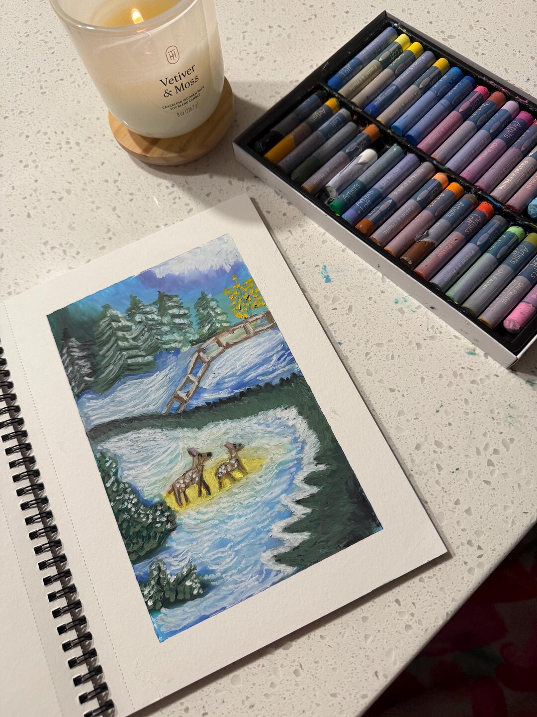 Deer in Snow Oil Pastel Drawing Posters | Matte Vertical Prints - Etsy