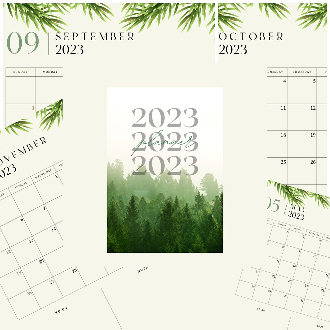 2023 12 MONTH Calendar Printout, Forest Green & Beige Printable - Etsy