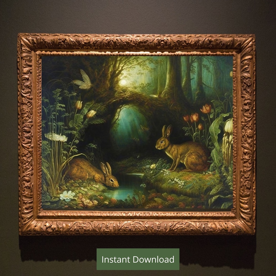 Moody Forest Oil Painting Printable, Rabbits, Flowers, Dark Cottagecore ...