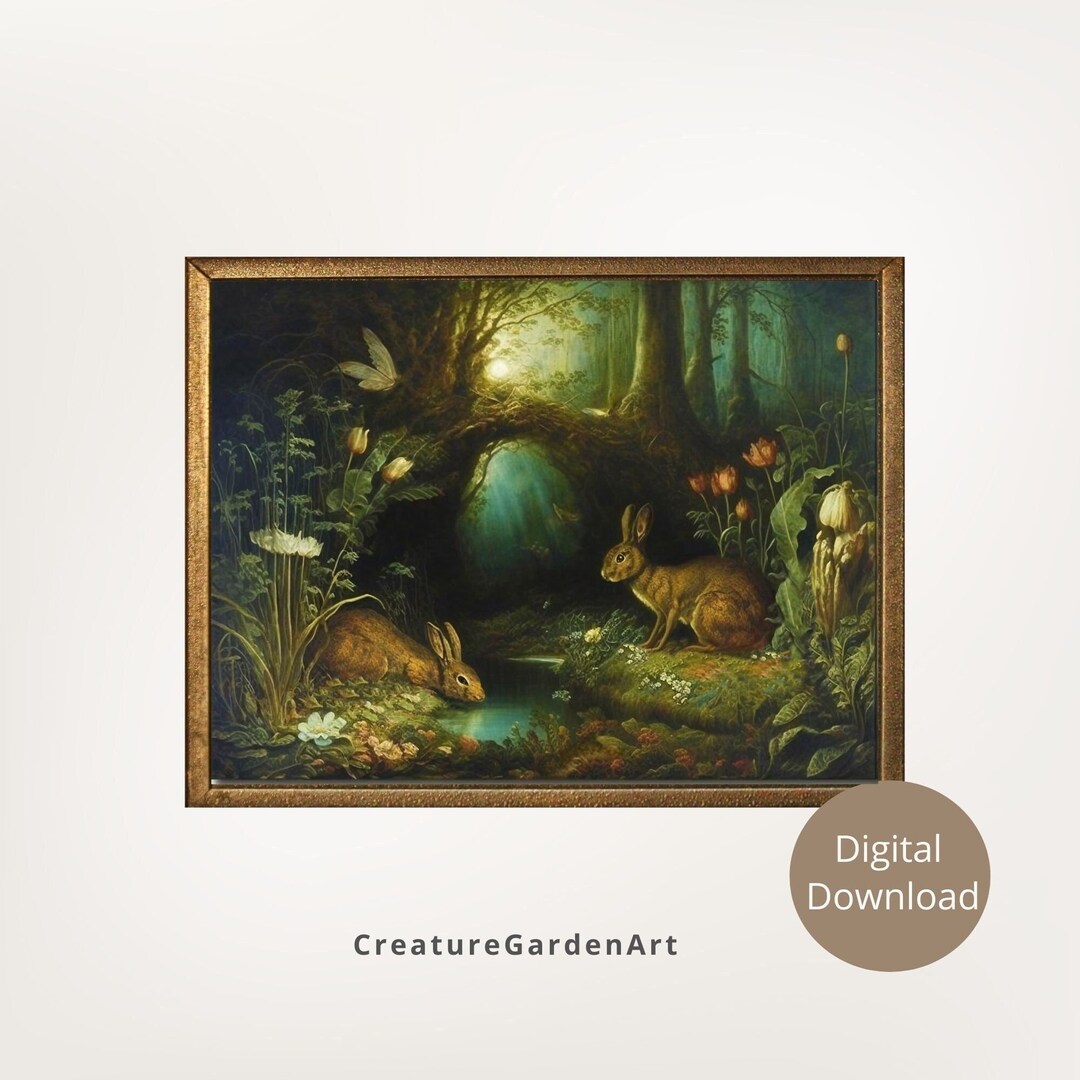 Dark Cottagecore Art Print, Moody Oil Painting Artwork, Pond W/ Rabbits ...