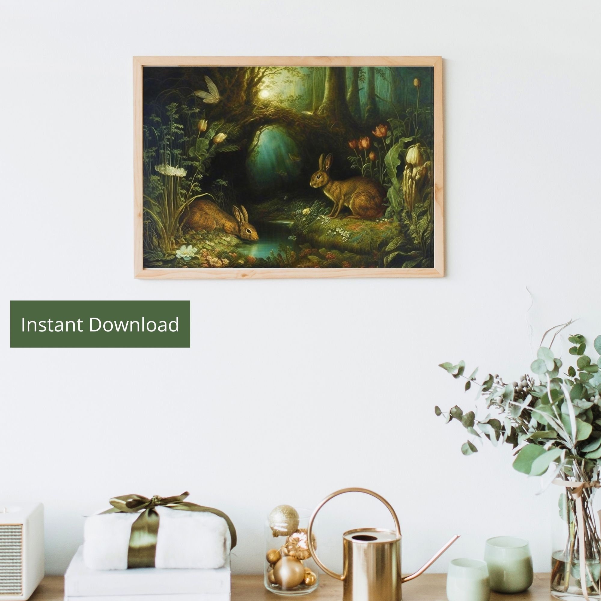 Moody Forest Oil Painting Printable, Rabbits, Flowers, Dark Cottagecore ...