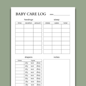 Printable Baby Care Log Baby Daily Log Nanny Log Baby - Etsy