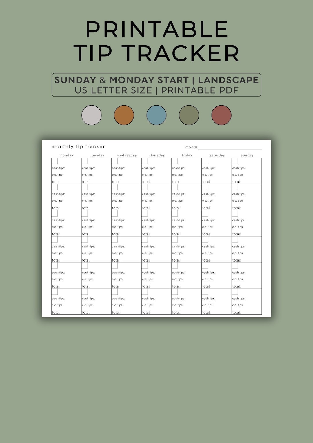 Tip Tracker Printable | Tip Tracker for Servers | Money Tracker | Tip ...