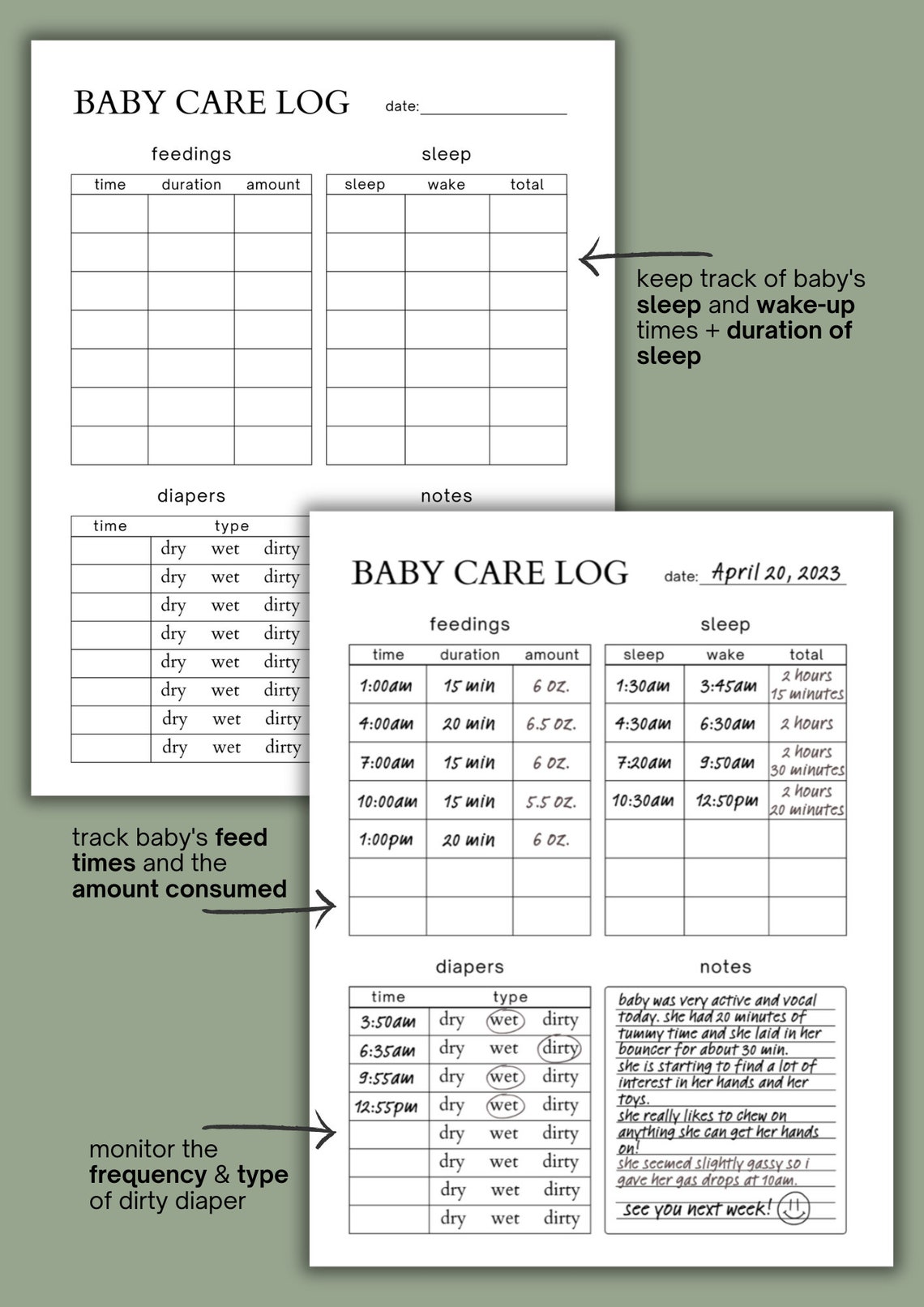 Printable Baby Care Log Baby Daily Log Nanny Log Baby Tracker Planner ...