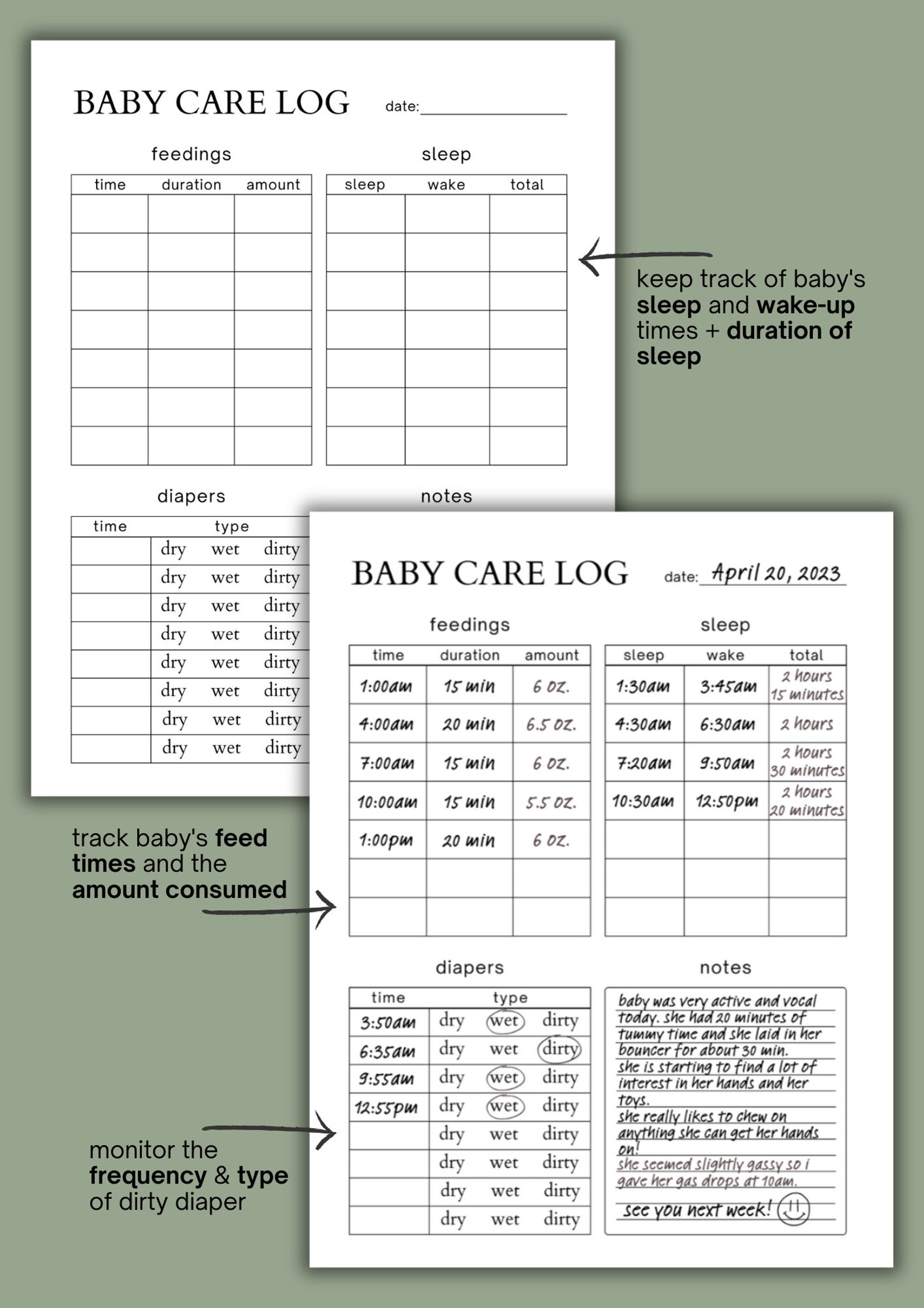 Printable Baby Care Log | Baby Daily Log | Nanny Log | Baby Tracker ...
