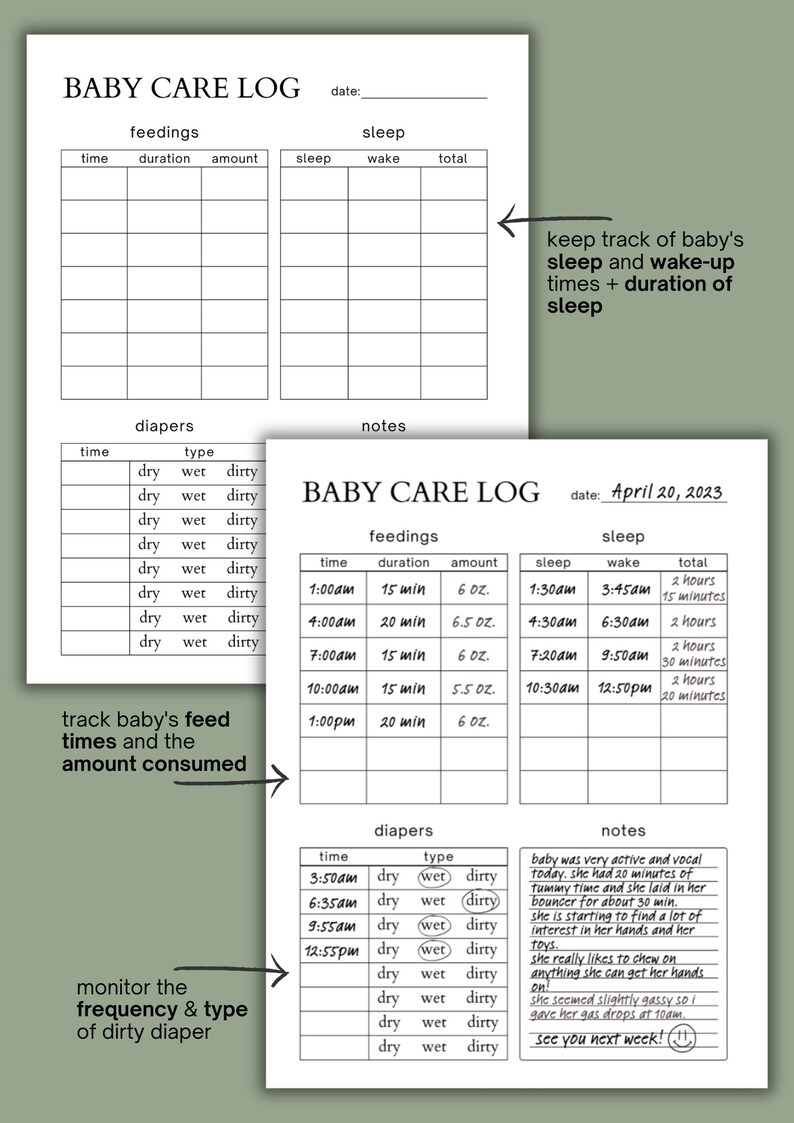 Printable Baby Care Log Baby Daily Log Nanny Log Baby Tracker Planner ...