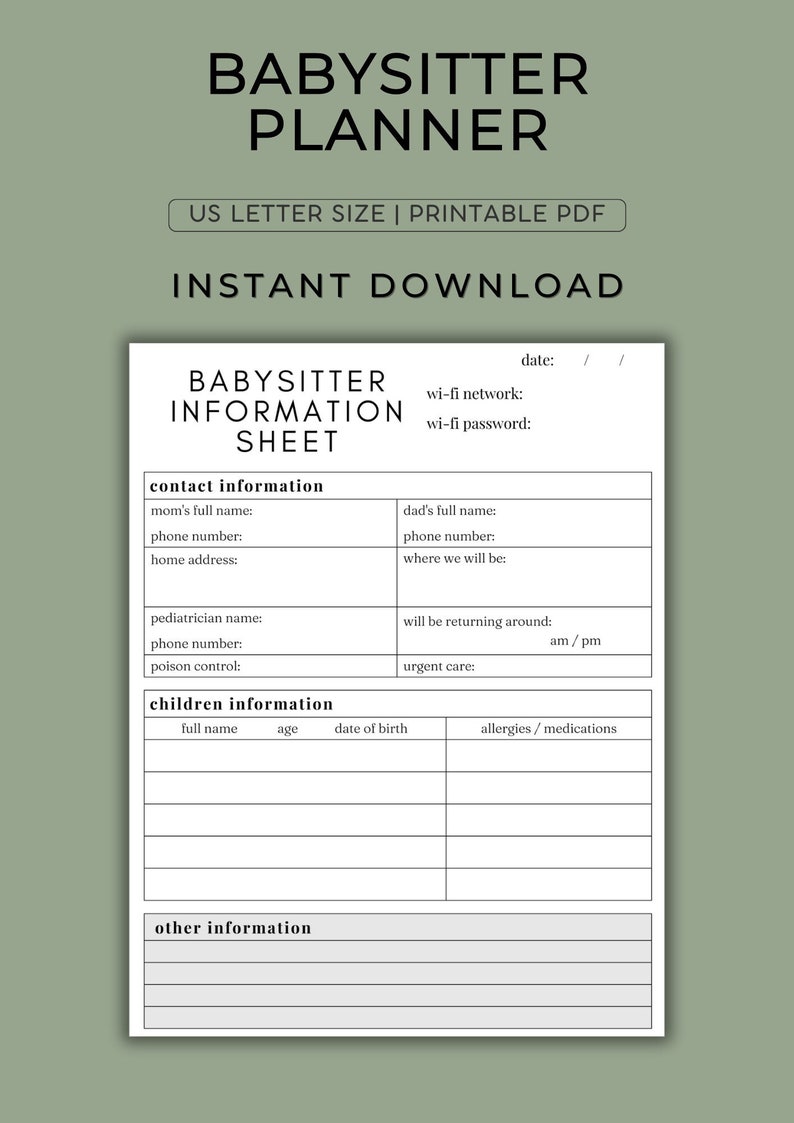 Babysitter Planner Printable | Babysitter Information Sheet | Baby ...
