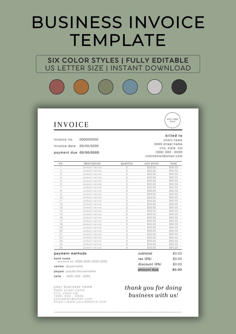 Invoice Template Editable Business Invoice Modern Client Invoice ...
