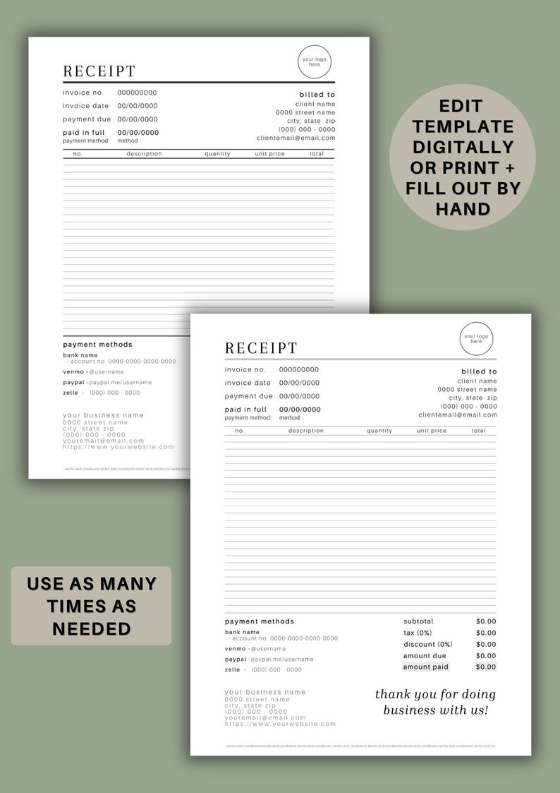 Receipt Template Business Receipt Template Editable Receipt Template ...