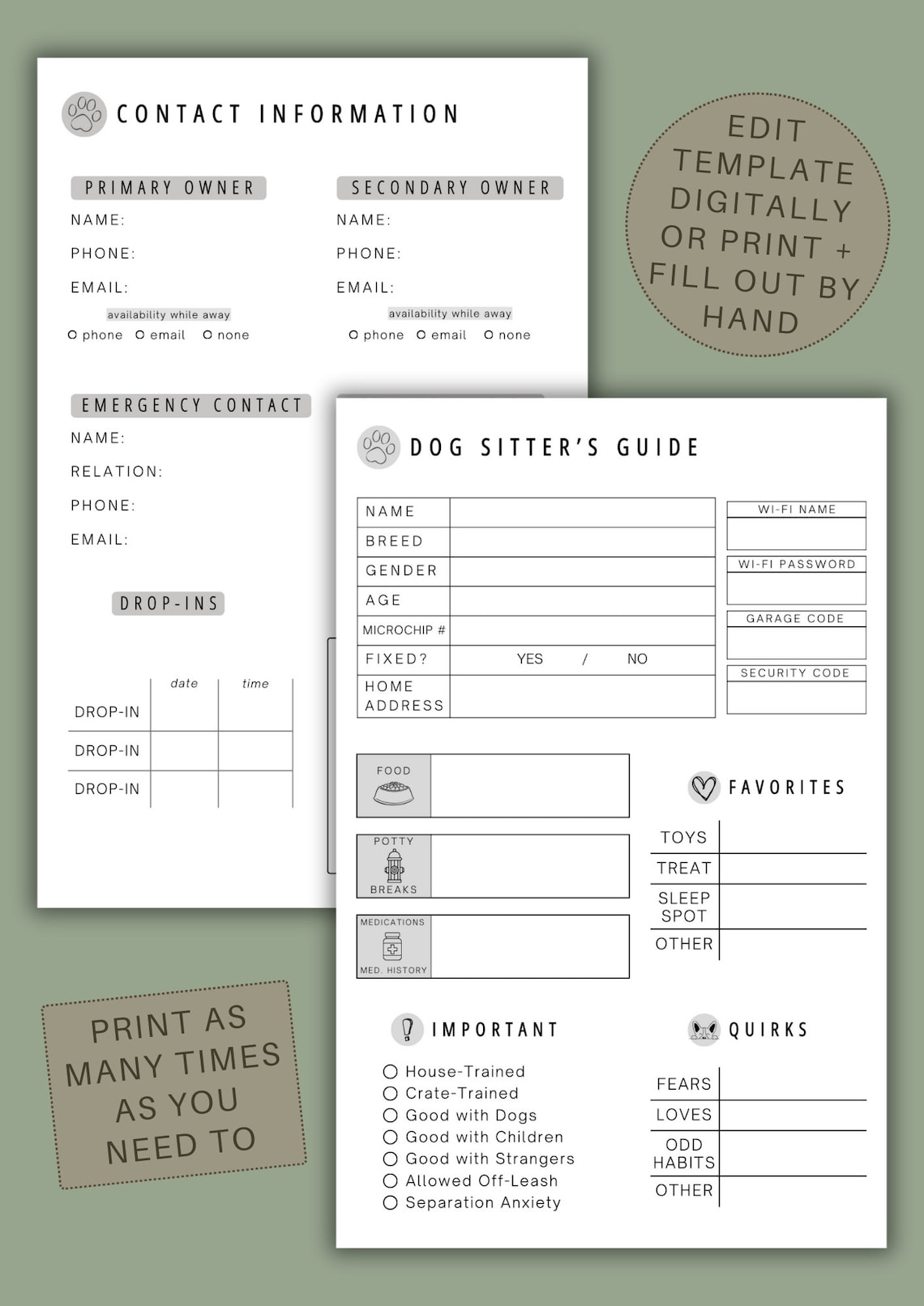 Dog Sitter Instructions Pet Sitter Template Printable Pet Care Info ...