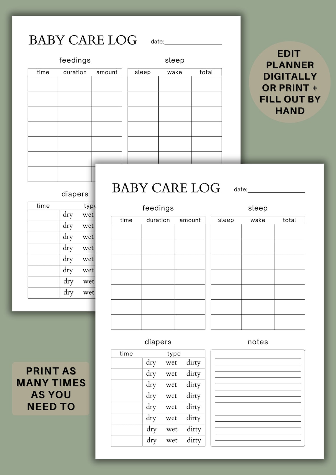 Printable Baby Care Log Baby Daily Log Nanny Log Baby Tracker Planner ...