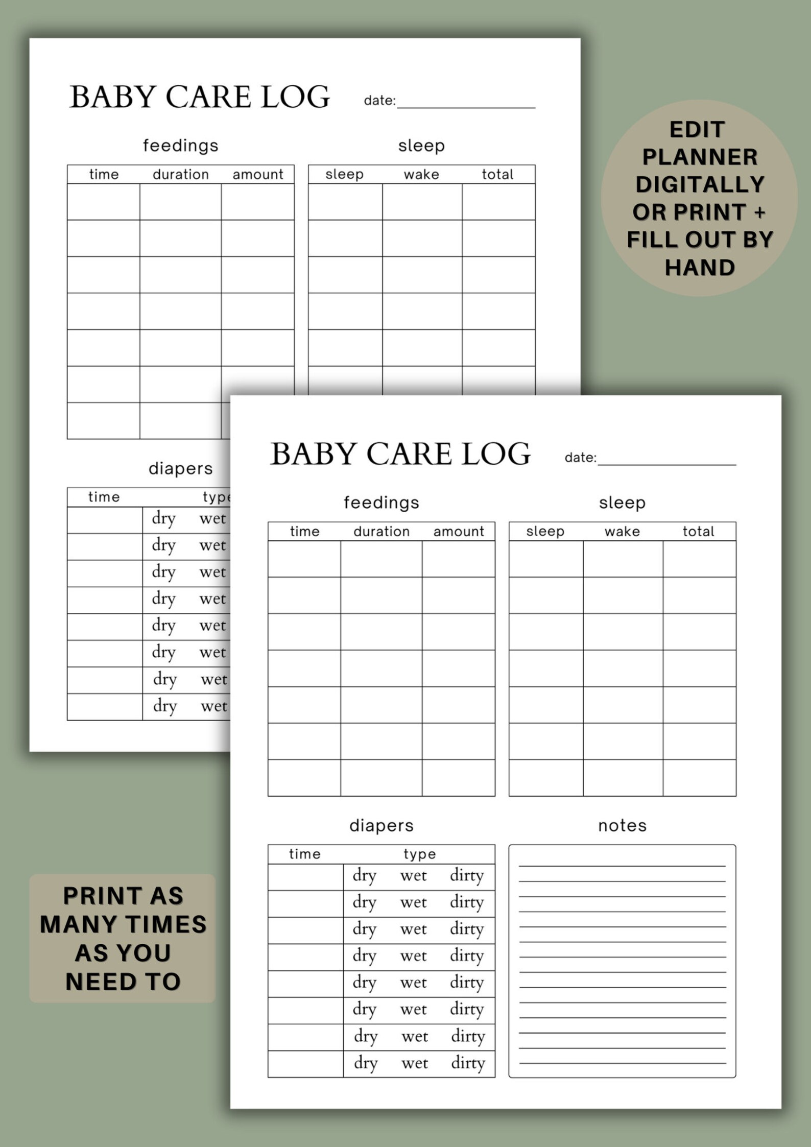 Printable Baby Care Log | Baby Daily Log | Nanny Log | Baby Tracker ...