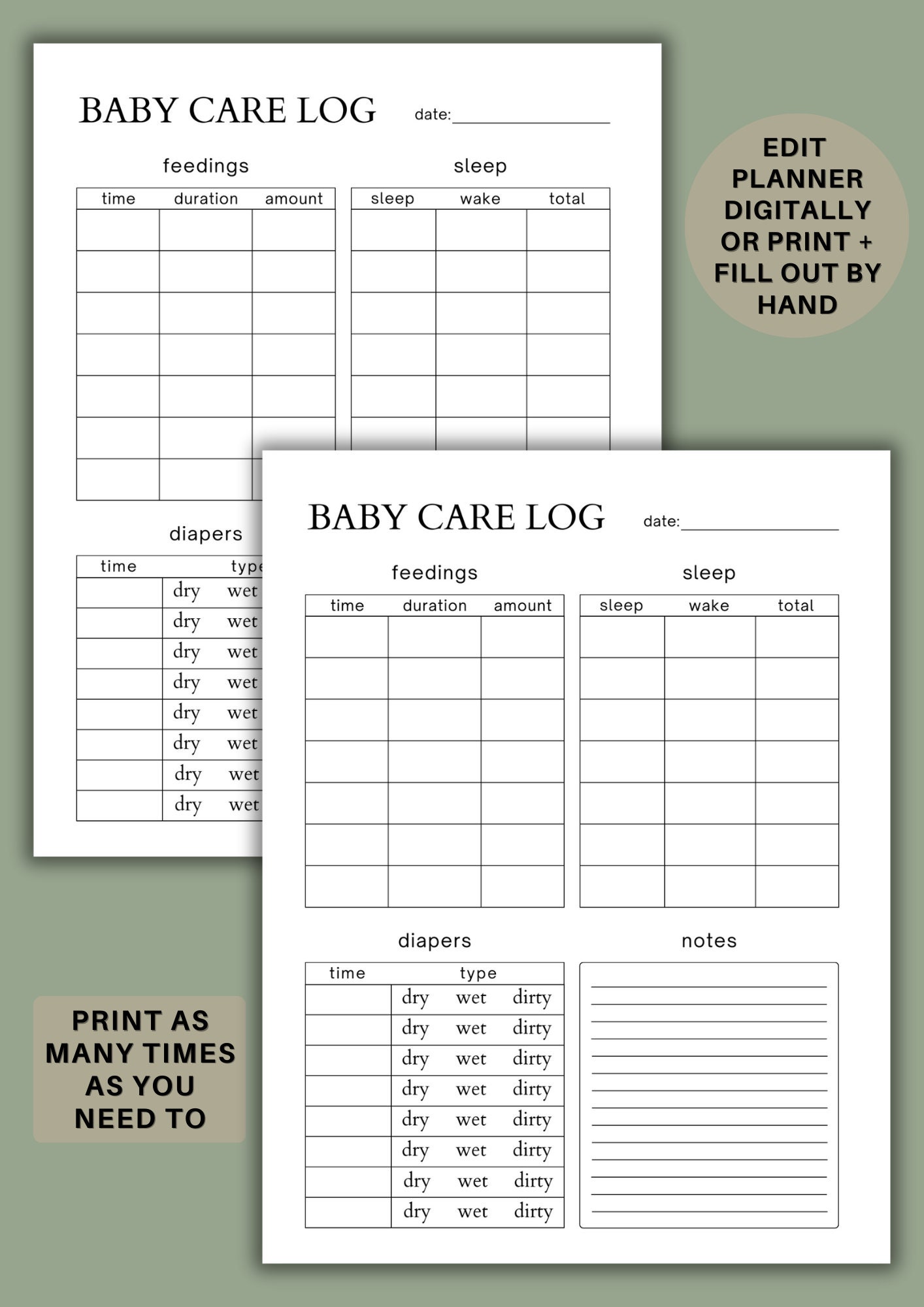Printable Baby Care Log | Baby Daily Log | Nanny Log | Baby Tracker ...