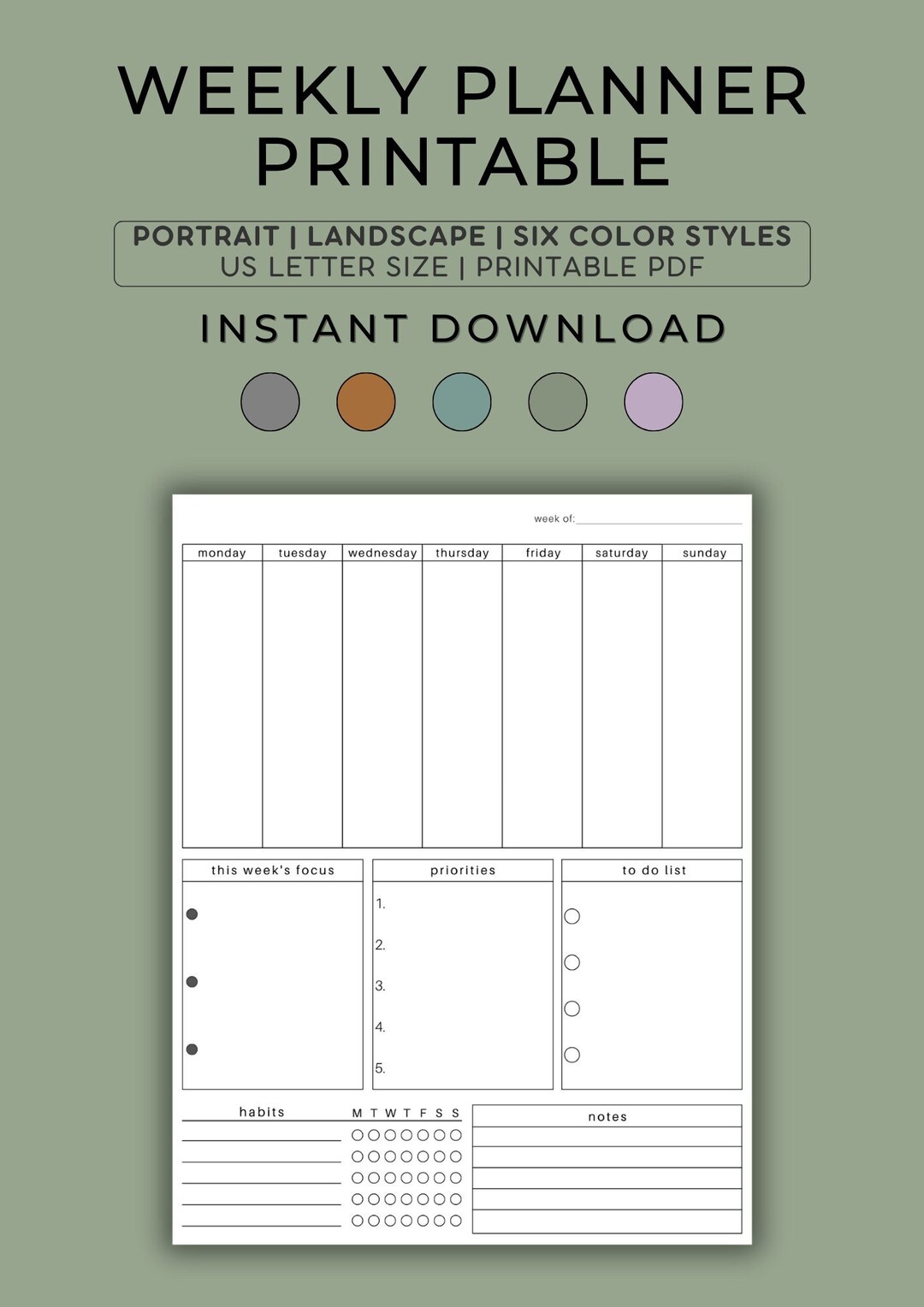 Weekly Planner Printable | Undated Weekly Planner | Weekly Planner ...