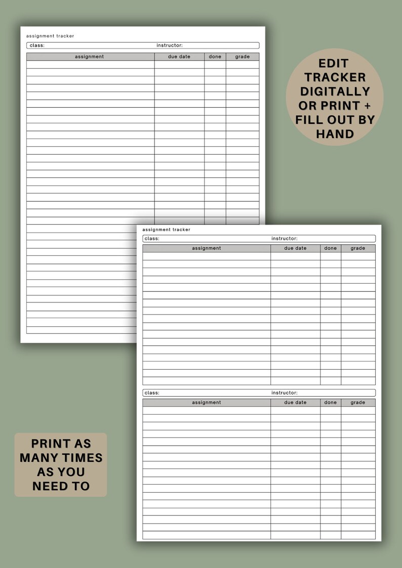 Assignment Tracker Printable Assignment Planner Student Assignment ...
