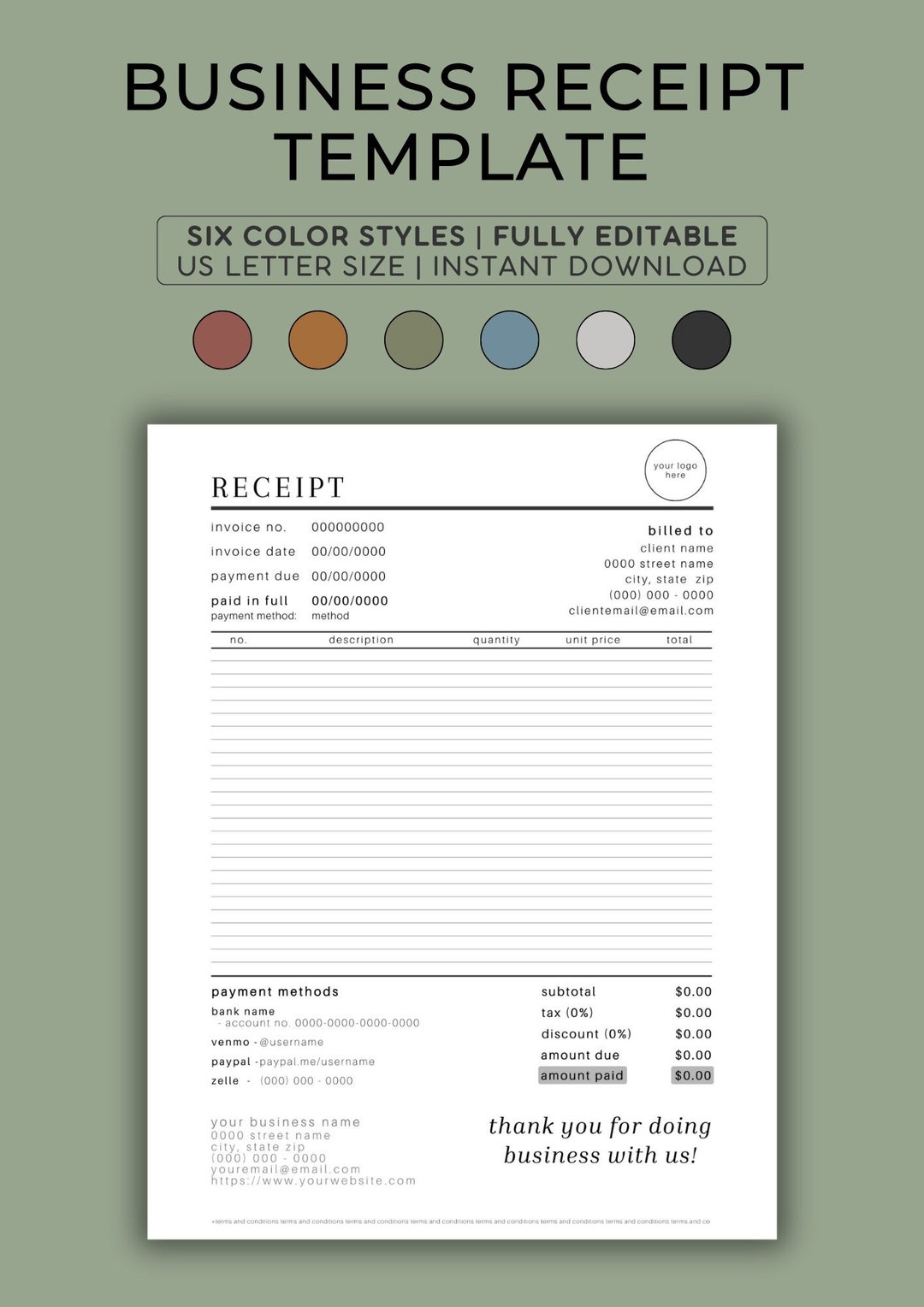 Receipt Template Business Receipt Template Editable Receipt Template ...