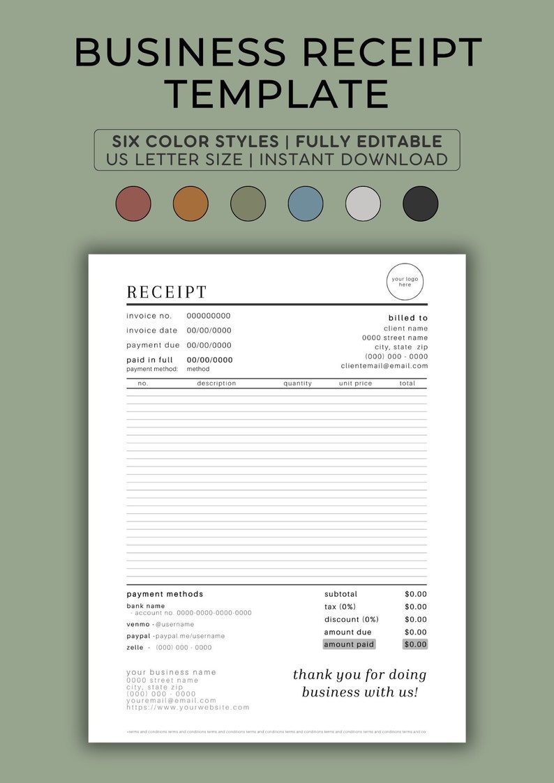 Receipt Template Business Receipt Template Editable Receipt Template ...