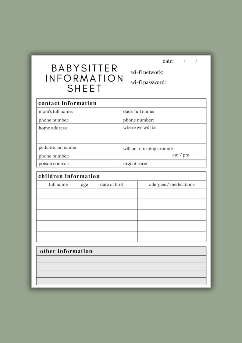 Babysitter Planner Printable | Babysitter Information Sheet | Baby ...
