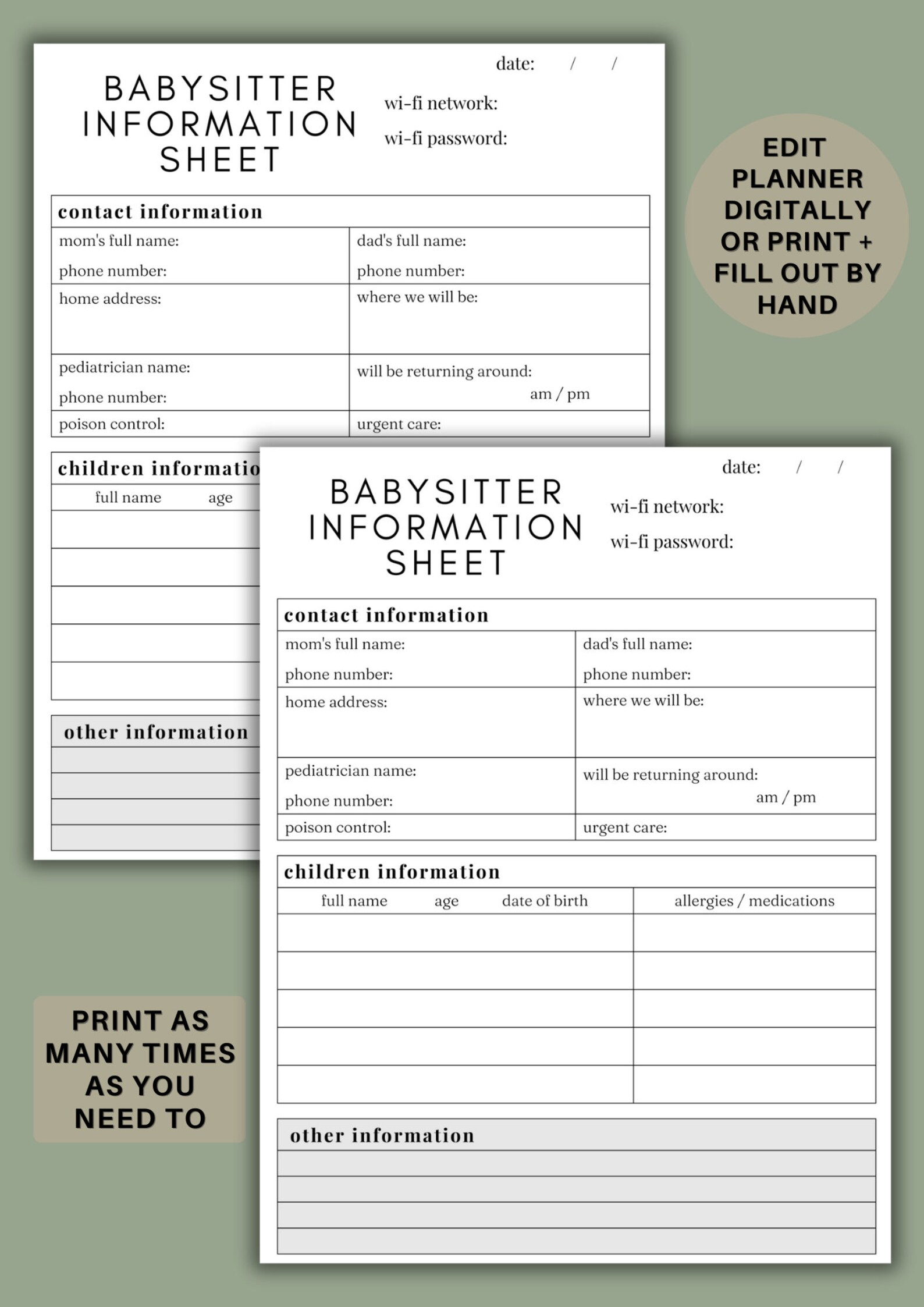 Babysitter Planner Printable | Babysitter Information Sheet | Baby ...