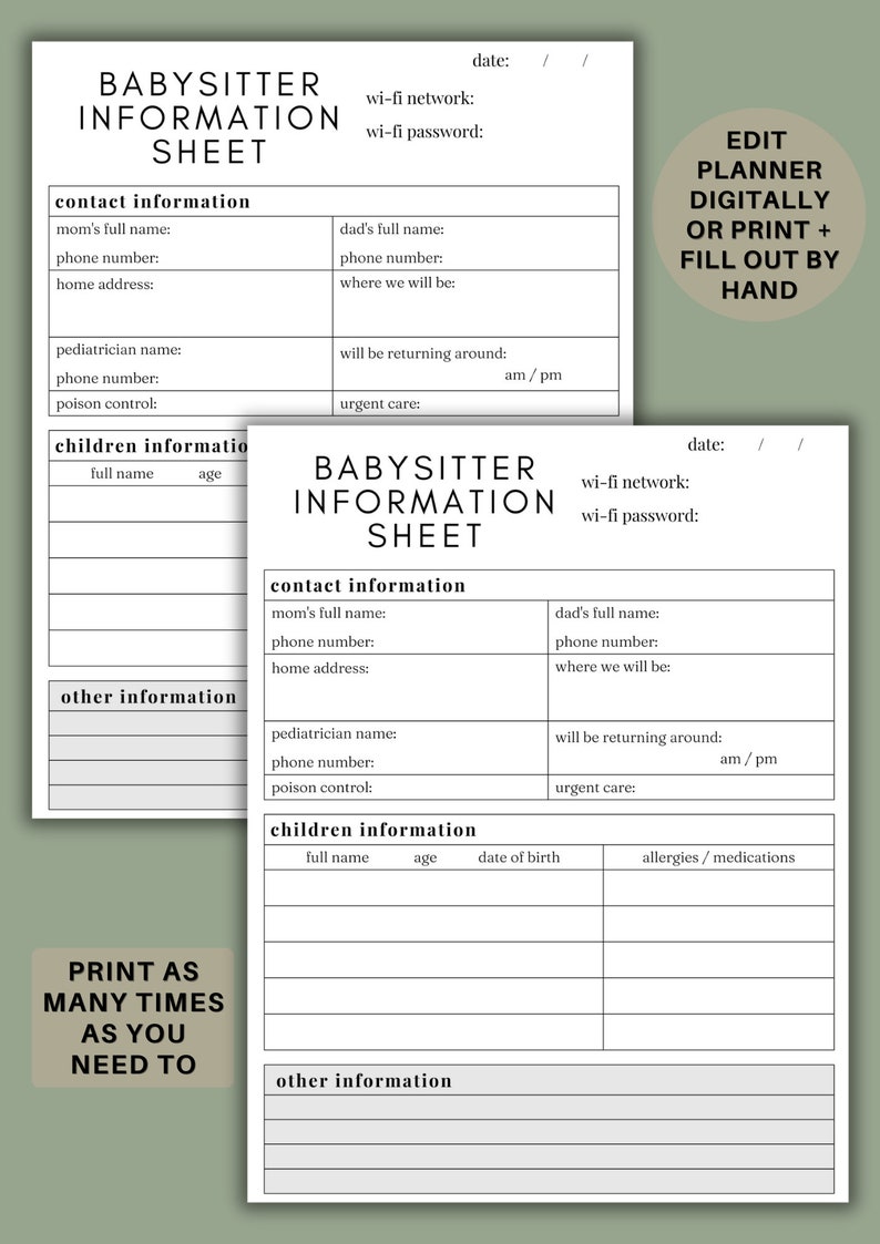 Babysitter Planner Printable | Babysitter Information Sheet | Baby ...