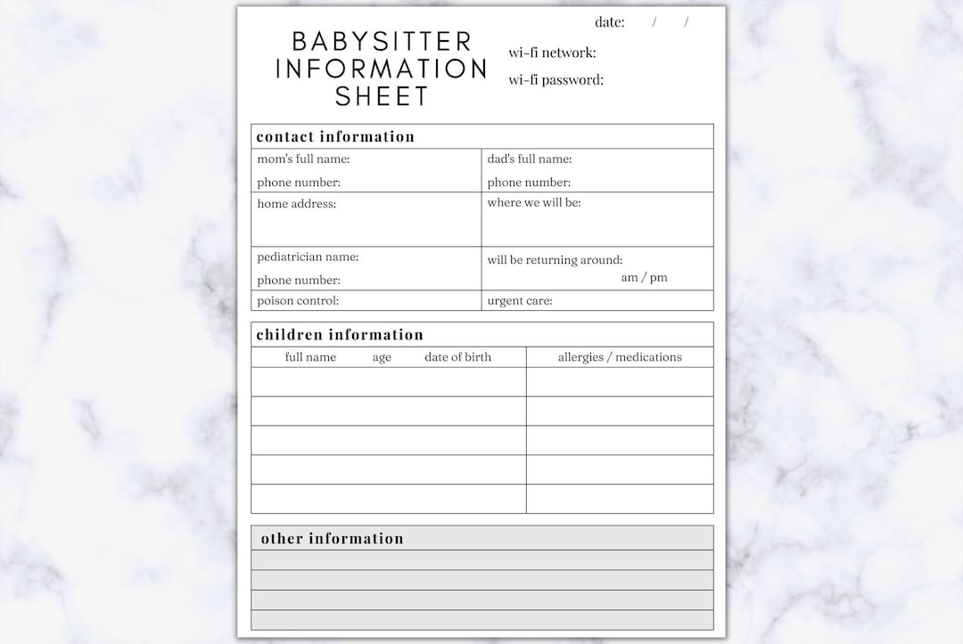 Babysitter Planner Printable Babysitter Information Sheet - Etsy