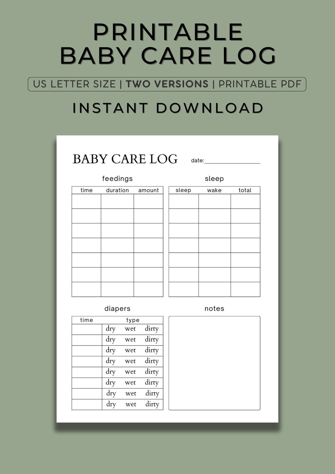 Printable Baby Care Log Baby Daily Log Nanny Log Baby - Etsy