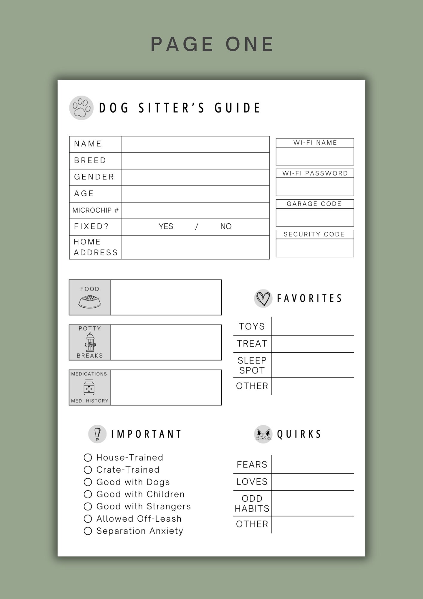 Dog Sitter Instructions Pet Sitter Template Printable Pet Care Info ...