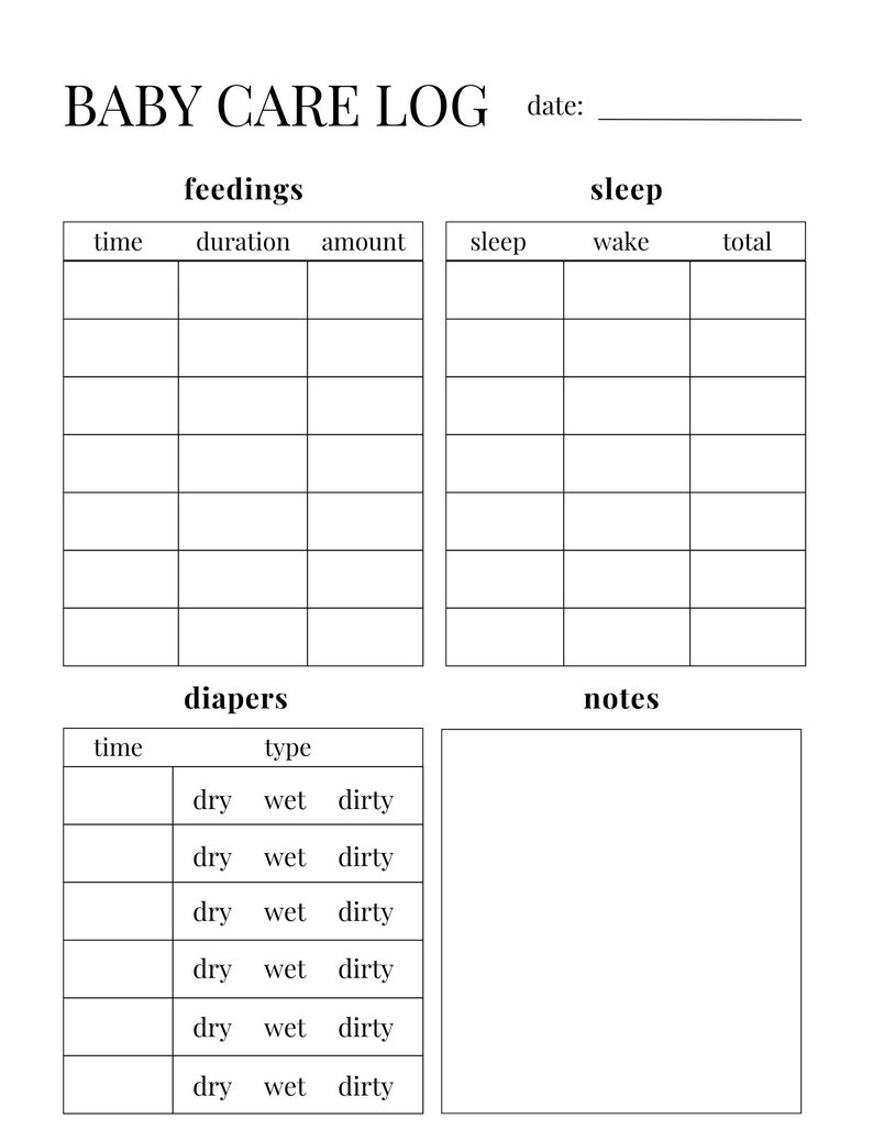 Printable Baby Care Log Baby Daily Log Nanny Log Baby - Etsy