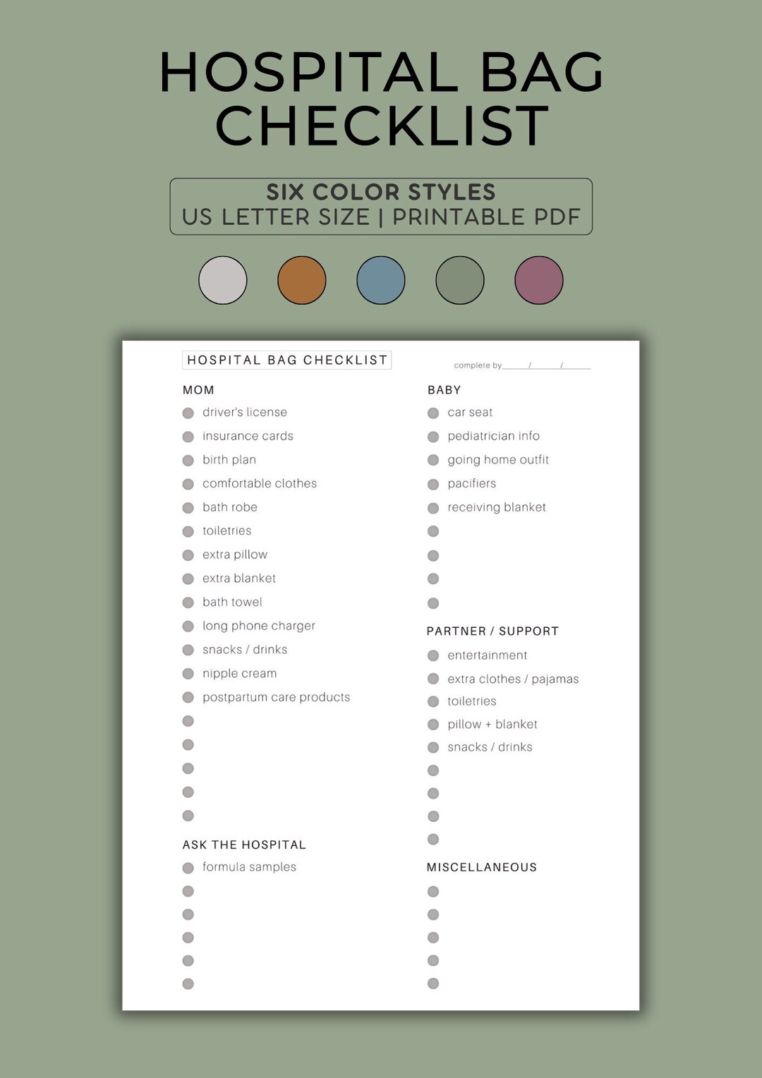 Hospital Bag Checklist Printable Birth Bag Packing Checklist Labor ...