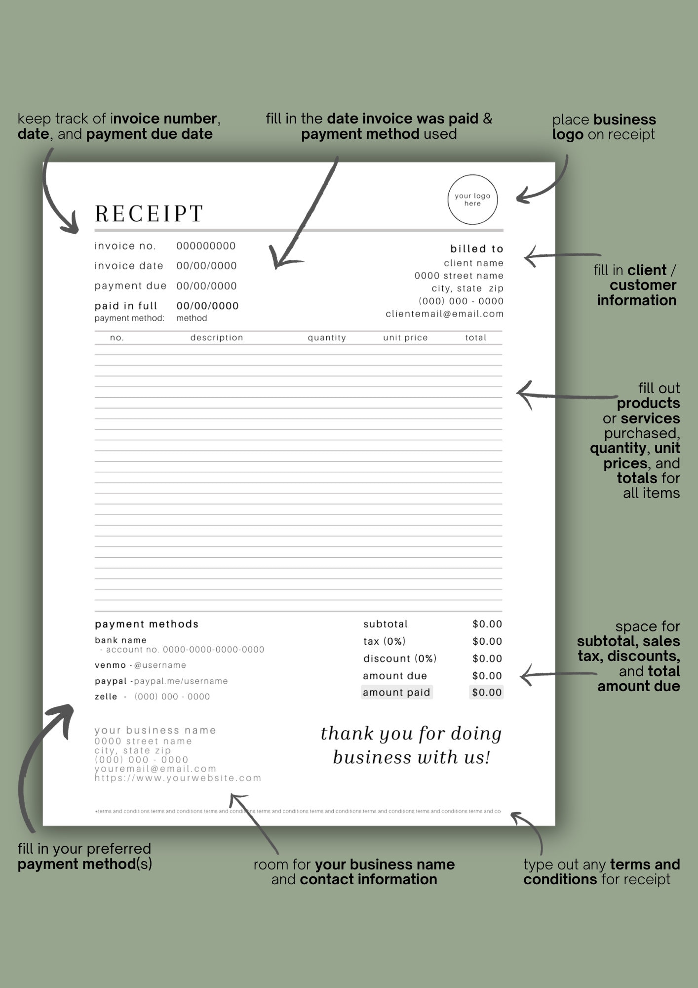 Receipt Template Business Receipt Template Editable Receipt Template ...