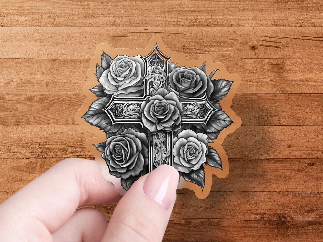 Gothic Cross With Roses Sticker, Black and White Floral Cross Decal ...