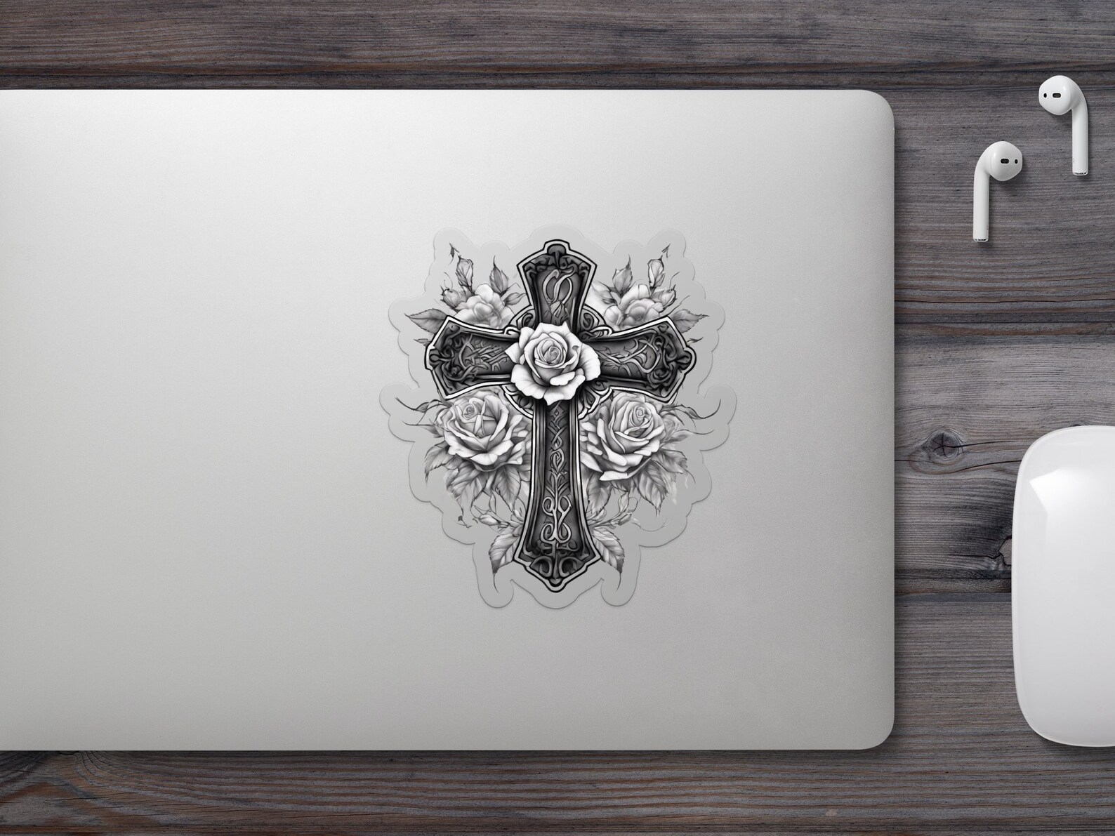 Gothic Rose Cross Sticker, Monochrome Floral Vinyl Decal - Etsy