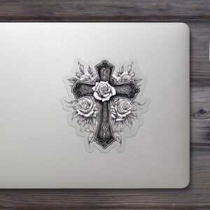 Gothic Rose Cross Sticker, Monochrome Floral Vinyl Decal - Etsy