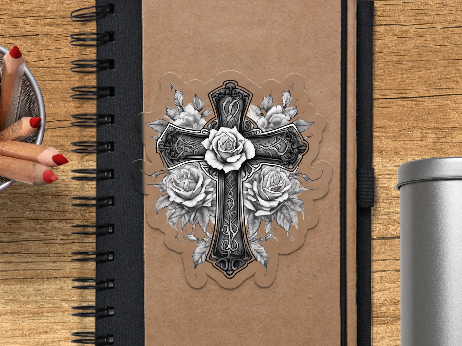 Gothic Rose Cross Sticker, Monochrome Floral Vinyl Decal - Etsy