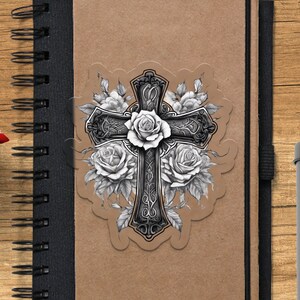 Gothic Rose Cross Sticker, Monochrome Floral Vinyl Decal - Etsy
