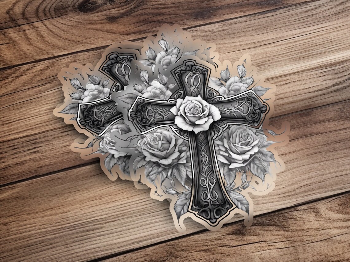 Gothic Rose Cross Sticker, Monochrome Floral Decal, Decorative Laptop ...