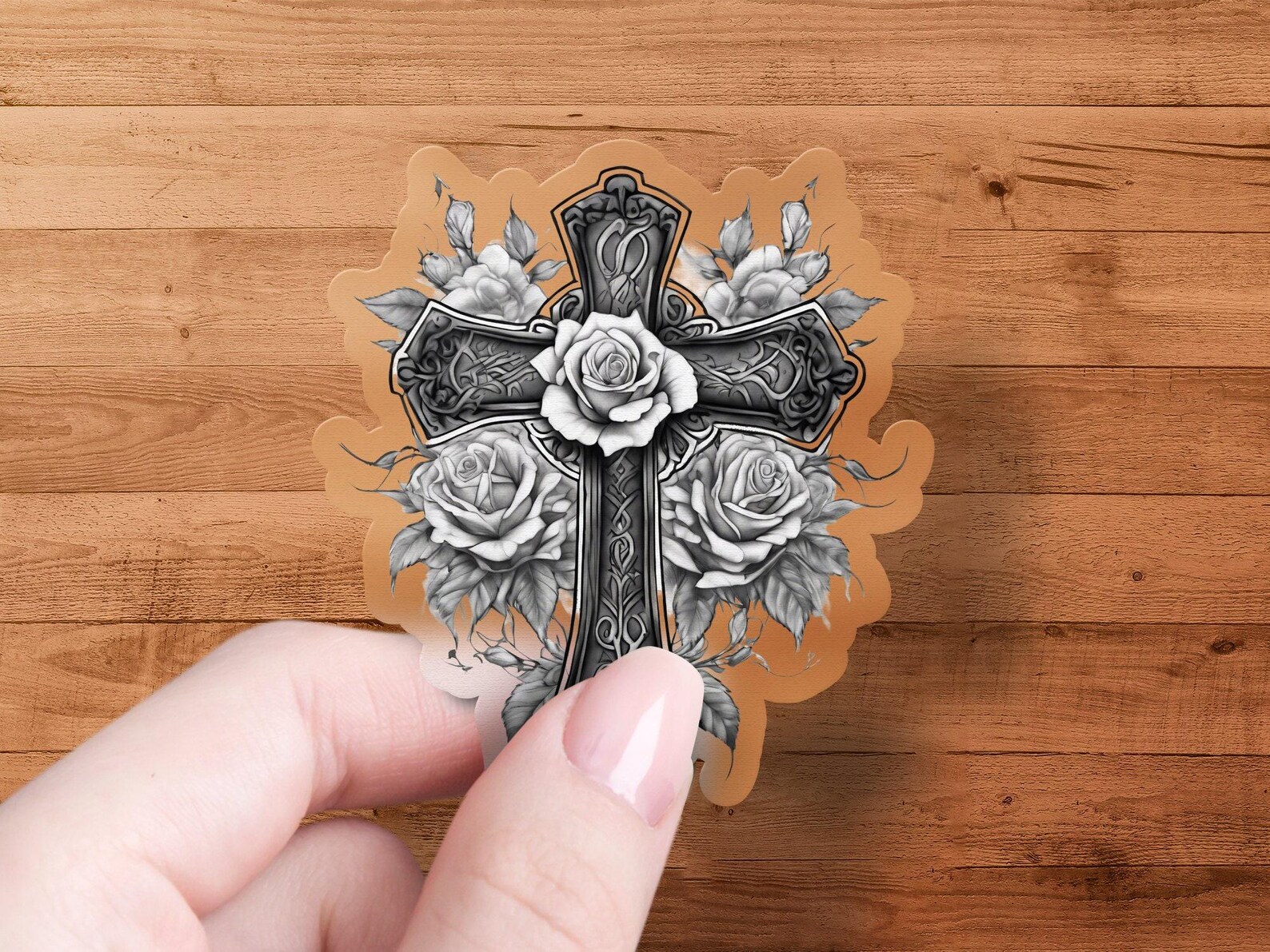 Gothic Rose Cross Sticker, Monochrome Floral Vinyl Decal - Etsy