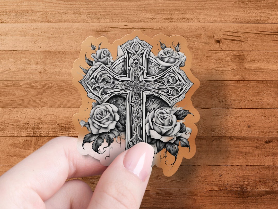 Gothic Cross Sticker, Black and White Rose Floral Decal, Waterproof ...