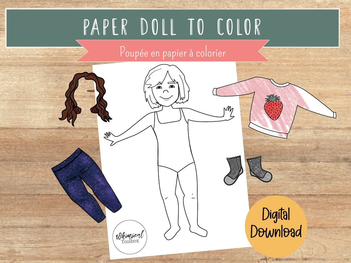 Paper Doll Coloring Page, B&W, Dress-up Kit, Paper Craft Activity ...