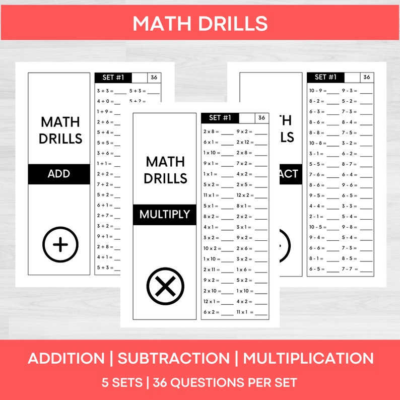 Math Drills: Addition, Subtraction, Multiplication (PDF Pattern) - Etsy ...