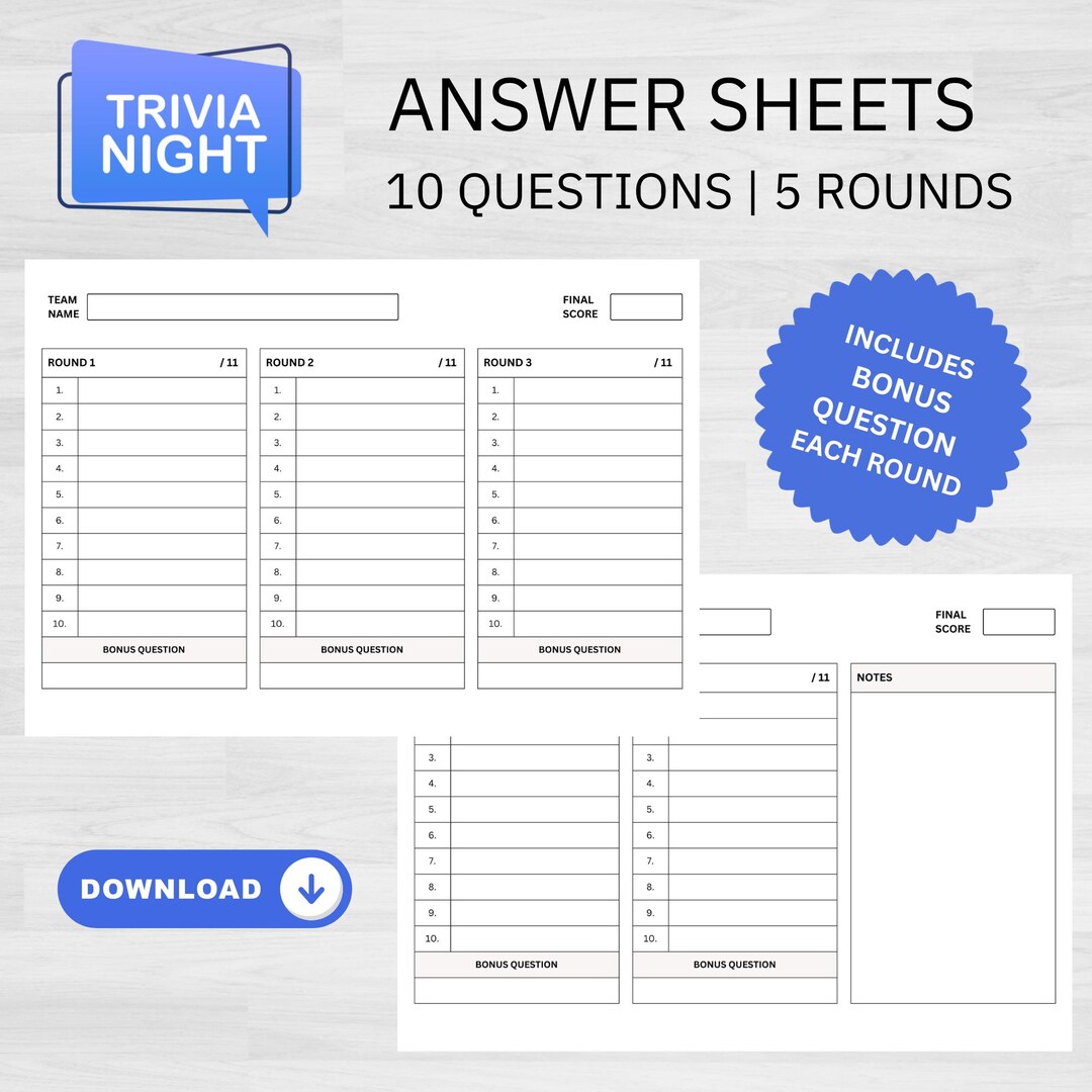 Printable Trivia Answer Sheets: Quiz Game Night (PDF Download) - Etsy